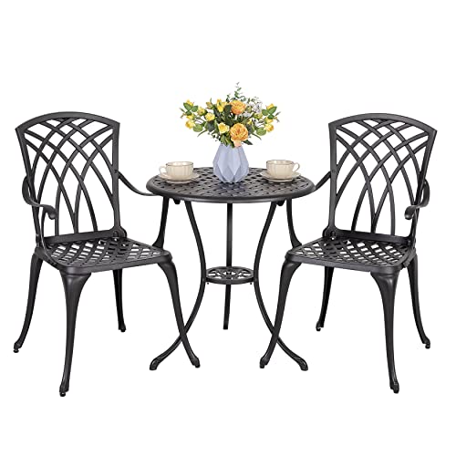 NUU GARDEN Patio Bistro Sets 3 Piece Cast Aluminum Bistro Table and Chairs Set with Umbrella Hole Bistro Set of 2 for Patio Backyard, Black