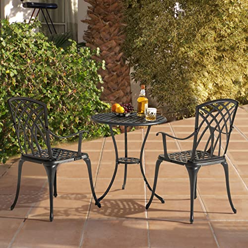 NUU GARDEN Patio Bistro Sets 3 Piece Cast Aluminum Bistro Table and Chairs Set with Umbrella Hole Bistro Set of 2 for Patio Backyard, Black