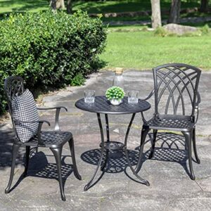 NUU GARDEN Patio Bistro Sets 3 Piece Cast Aluminum Bistro Table and Chairs Set with Umbrella Hole Bistro Set of 2 for Patio Backyard, Black