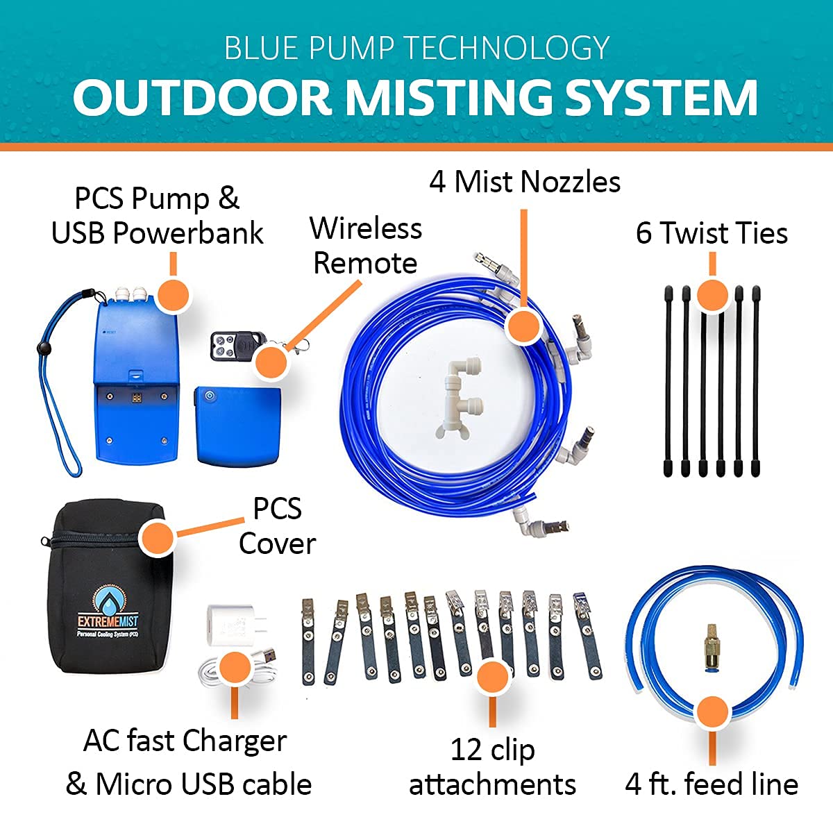 EXTREMEMIST Portable Misting System - 4 Mist Nozzles | Easy to Setup | 16 ft. Mist Line for Outdoor Patios, Golf Carts, Greenhouses, Canopy, Decks & More