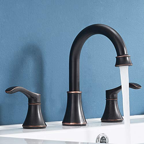 VALISY 2-Handle 3 Hole Oil Rubbed Bronze Widespread Bathroom Sink Faucet Antique Solid Brass, 360° Swivel High-Arc Spout Bath Lavatory Vanity Faucets Set with Water Hoses