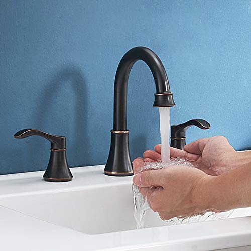 VALISY 2-Handle 3 Hole Oil Rubbed Bronze Widespread Bathroom Sink Faucet Antique Solid Brass, 360° Swivel High-Arc Spout Bath Lavatory Vanity Faucets Set with Water Hoses