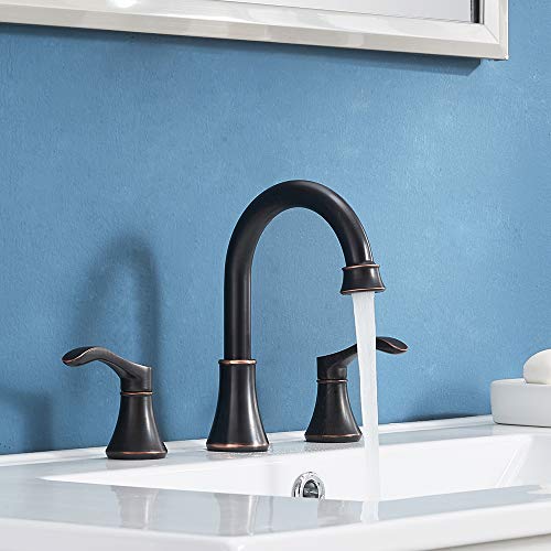 VALISY 2-Handle 3 Hole Oil Rubbed Bronze Widespread Bathroom Sink Faucet Antique Solid Brass, 360° Swivel High-Arc Spout Bath Lavatory Vanity Faucets Set with Water Hoses