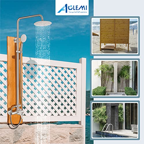 Aolemi Outdoor Shower Fixture SUS304 Shower Faucet Combo Set Stainless Steel 8 Rainfall Shower Head High Pressure Hand Spray Wall Mount 2 Dual Function Brush Nickel Single Handle