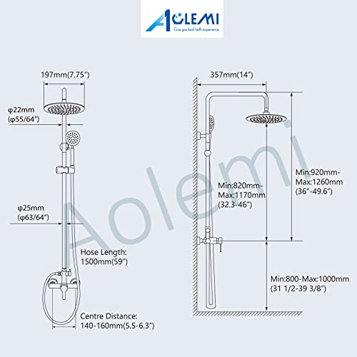 Aolemi Outdoor Shower Fixture SUS304 Shower Faucet Combo Set Stainless Steel 8 Rainfall Shower Head High Pressure Hand Spray Wall Mount 2 Dual Function Brush Nickel Single Handle