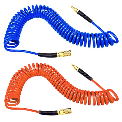 YOTOO Polyurethane Recoil Air Hose 1/4" Inner Diameter by 25' Long with Bend Restrictor, 1/4" Industrial Quick Coupler and Plug, Red+Blue. 2-Pack