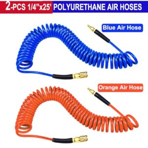 YOTOO Polyurethane Recoil Air Hose 1/4" Inner Diameter by 25' Long with Bend Restrictor, 1/4" Industrial Quick Coupler and Plug, Red+Blue. 2-Pack