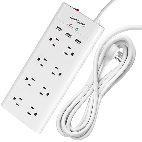 WANDOFO 12 FT Surge Protector Power Strip, 8 Outlet 1050J 12 Foot Long Extension Cord, 15A/1800W, 15A Breaker, 5V 3.1A Smart USB Port, Low Profile Flat Plug, Wall Mountable, White