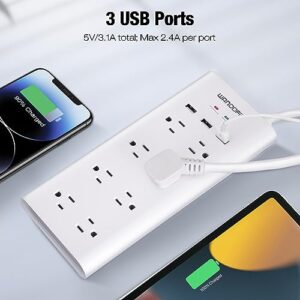 WANDOFO 12 FT Surge Protector Power Strip, 8 Outlet 1050J 12 Foot Long Extension Cord, 15A/1800W, 15A Breaker, 5V 3.1A Smart USB Port, Low Profile Flat Plug, Wall Mountable, White