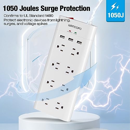 WANDOFO 12 FT Surge Protector Power Strip, 8 Outlet 1050J 12 Foot Long Extension Cord, 15A/1800W, 15A Breaker, 5V 3.1A Smart USB Port, Low Profile Flat Plug, Wall Mountable, White