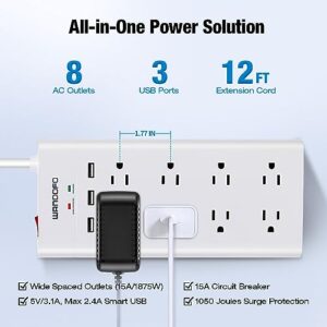 WANDOFO 12 FT Surge Protector Power Strip, 8 Outlet 1050J 12 Foot Long Extension Cord, 15A/1800W, 15A Breaker, 5V 3.1A Smart USB Port, Low Profile Flat Plug, Wall Mountable, White