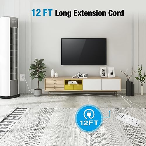 WANDOFO 12 FT Surge Protector Power Strip, 8 Outlet 1050J 12 Foot Long Extension Cord, 15A/1800W, 15A Breaker, 5V 3.1A Smart USB Port, Low Profile Flat Plug, Wall Mountable, White