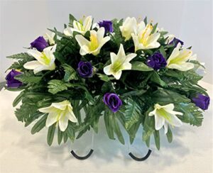 spring or easter cemetery flowers for headstone and grave decoration-purple rose and lily mix saddle