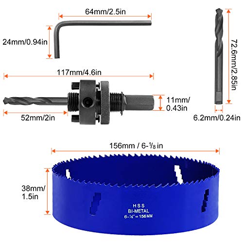 LANIAKEA 6-1/8-Inch Bi-Metal Hole Saw 156MM M42 Annular Hole Cutter HSS Variable Tooth Pitch Holesaw Set with Arbor Blue for Home DIYer