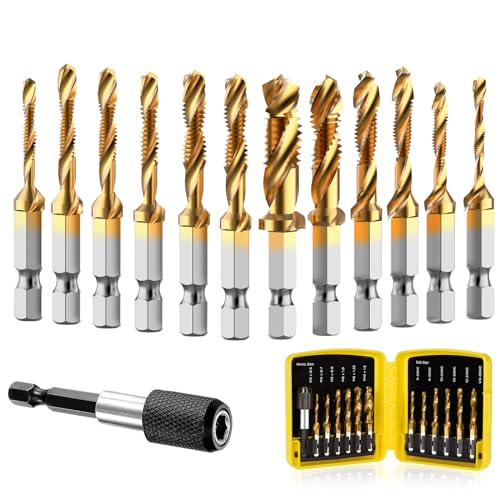 THINKWORK Combination Drill Tap & Tap Bit Set, 3-in-1 Titanium Coated Screw Tapping Bit Tool for Drilling, Tapping, Countersinking, with Quick-Change Adapter, 13 PCS SAE/Metric