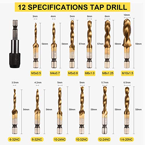 THINKWORK Combination Drill Tap & Tap Bit Set, 3-in-1 Titanium Coated Screw Tapping Bit Tool for Drilling, Tapping, Countersinking, with Quick-Change Adapter, 13 PCS SAE/Metric