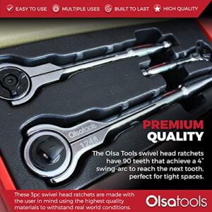 Olsa Tools 90T Swivel Head Ratchet Wrench Set, 3-Piece, Chrome Vanadium Steel, 270 Degree Rotation, Ideal for Tight Spaces