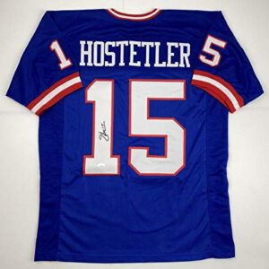 autographed/signed jeff hostetler new york blue football jersey jsa coa