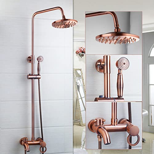 Exposed Shower System with 8 inch Rainfall Shower Head 3 Function Bathroom Shower Faucet Set Wall Mounted Copper Shower Fixture with Handheld Shower Head and Antique Brass Shower Mixer Valve