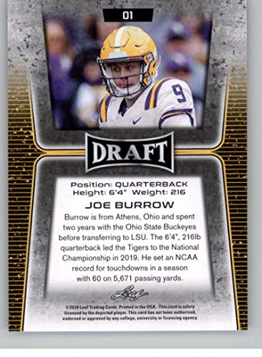 2020 Leaf Draft Football #1 Joe Burrow Pre-Rookie Trading Card LSU Tigers