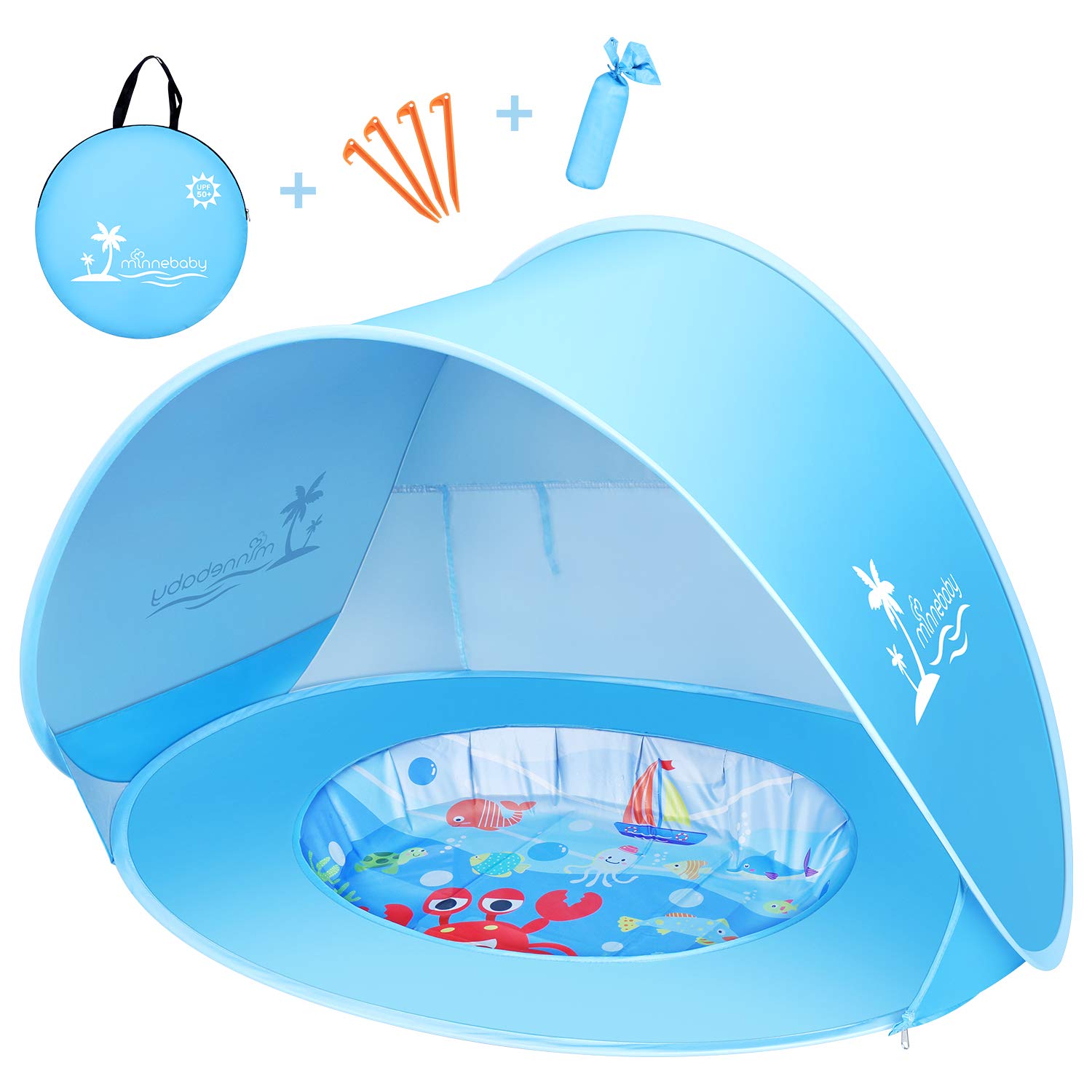 Baby Beach Tent with Pool, UPF50+ Pop Up Shade Tent for Infant, Baby Beach Sun Shade Pool with UV Protection, Blue