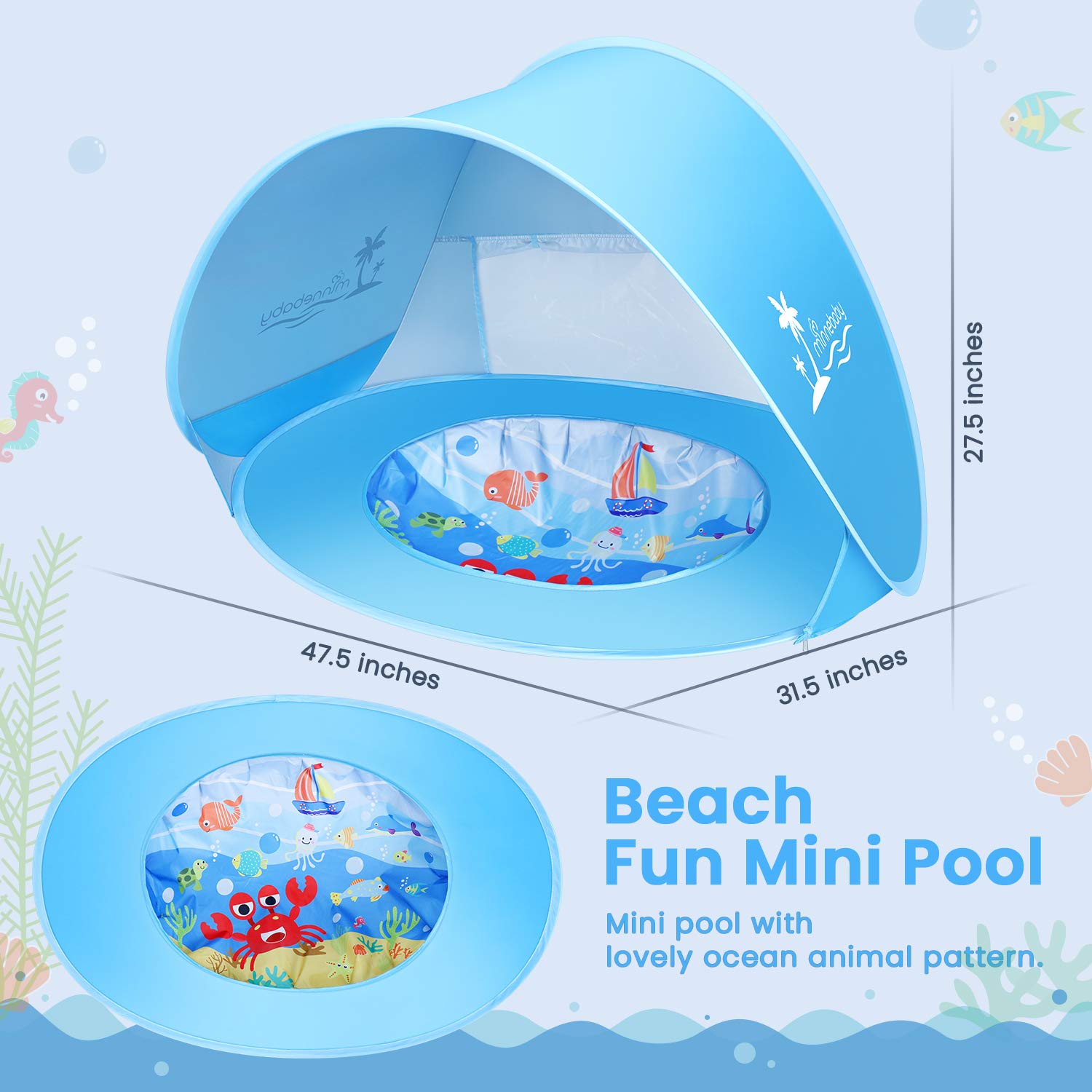 Baby Beach Tent with Pool, UPF50+ Pop Up Shade Tent for Infant, Baby Beach Sun Shade Pool with UV Protection, Blue