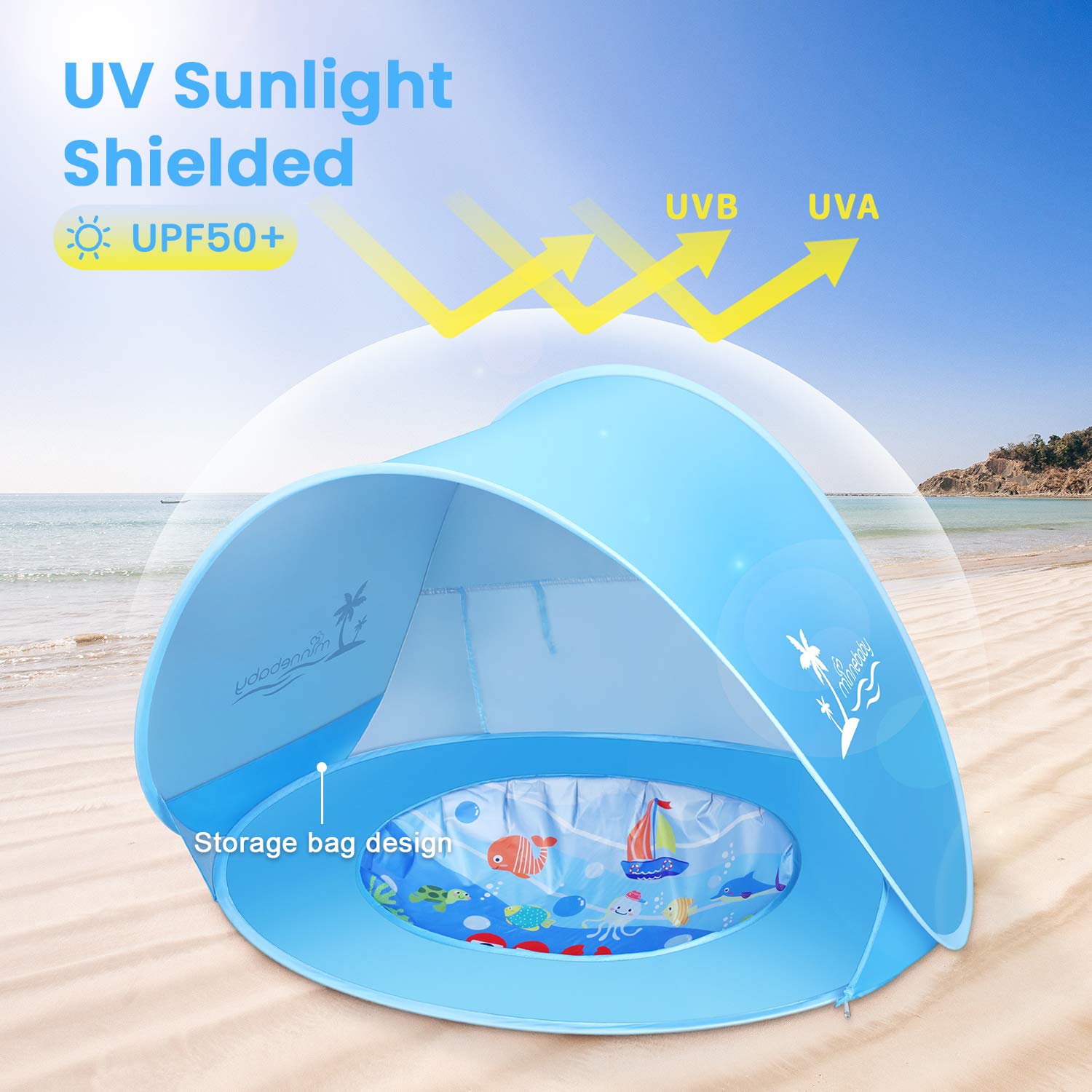 Baby Beach Tent with Pool, UPF50+ Pop Up Shade Tent for Infant, Baby Beach Sun Shade Pool with UV Protection, Blue