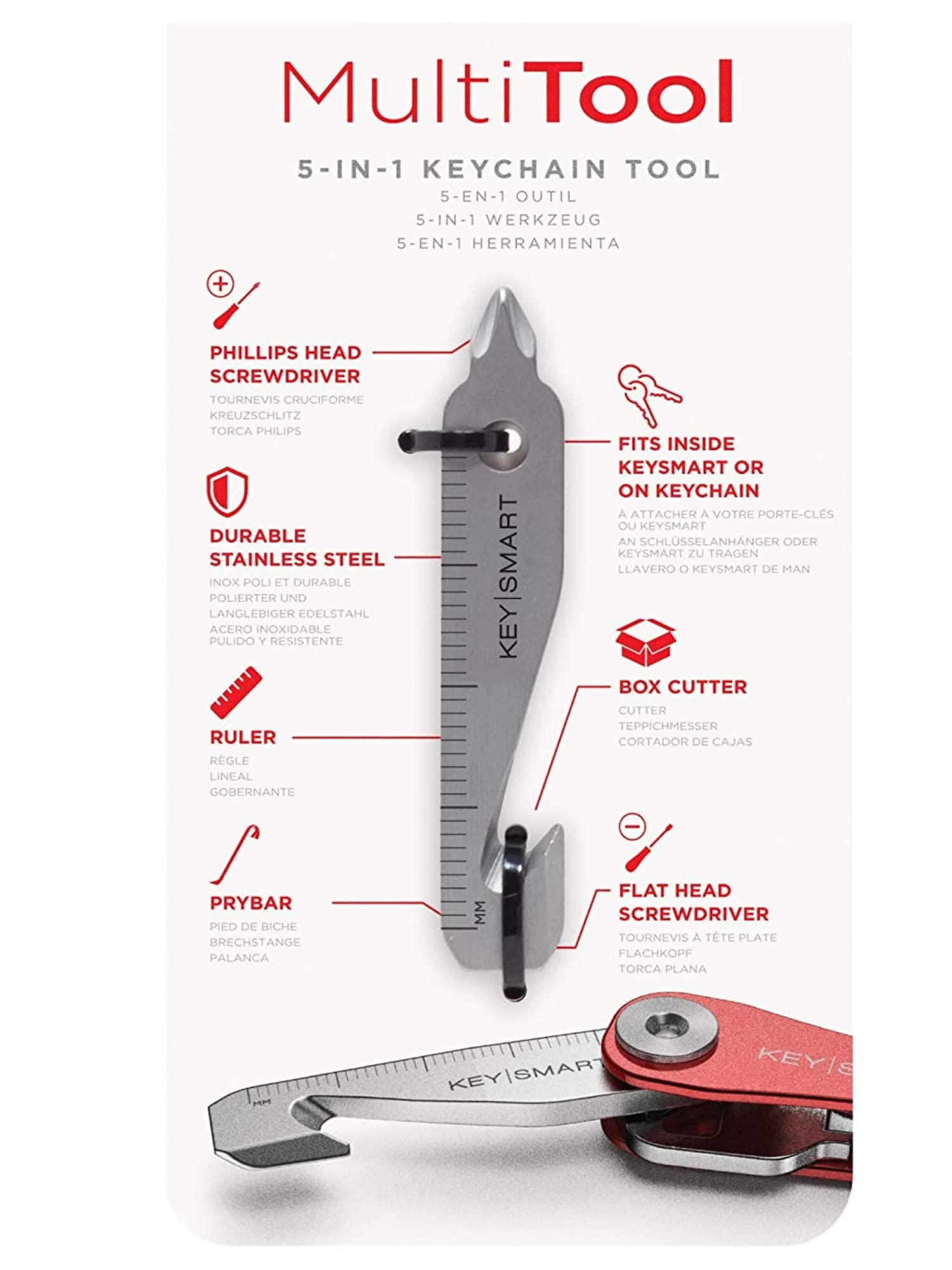 KeySmart MultiTool - 5-in-1 Multi-Purpose Keychain Tool with Box Opener, Ruler, Pry Bar, Phillips and Flat Head Screwdriver - EDC Gear Mini Multitool, and Keychain Accessories - Great Stocking Stuffer