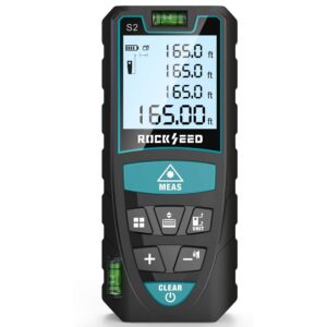 laser measure, rockseed 165 feet digital laser distance meter with 2 bubble levels,m/in/ft unit switching backlit lcd and pythagorean mode, measure distance, area and volume (165 feet)