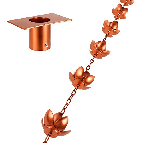 OAK LEAF Rain Chain Set, 8.5ft Copper Plated Rain Chain for Gutters with Adapter, Lotus Rain Chain Cups to Replace Gutter Downspout, Divert Water and Home Display, 12 Cups, Adjustable, Rose Gold