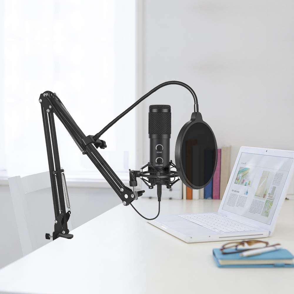 Upgraded USB Condenser Microphone for Computer, Great for Gaming, Podcast, LiveStreaming, YouTube Recording, Karaoke on PC, Plug & Play, with Adjustable Metal Arm Stand, Ideal for Gift, Black