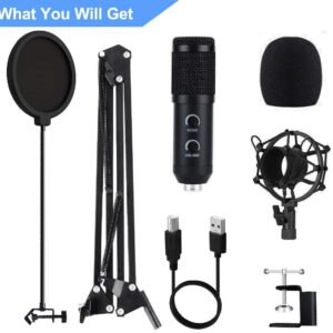 Upgraded USB Condenser Microphone for Computer, Great for Gaming, Podcast, LiveStreaming, YouTube Recording, Karaoke on PC, Plug & Play, with Adjustable Metal Arm Stand, Ideal for Gift, Black