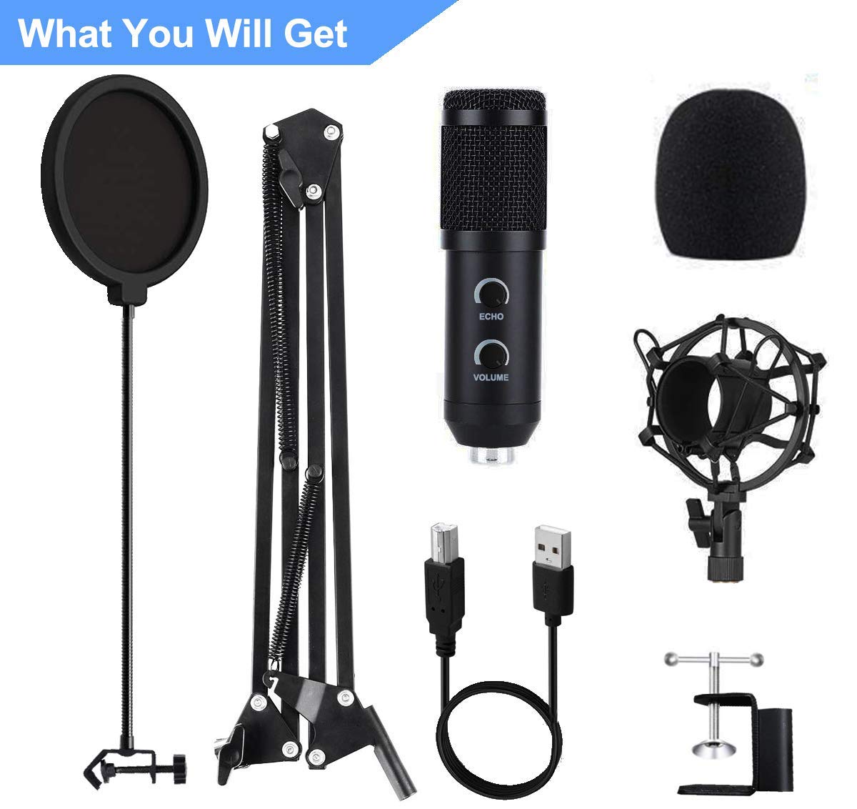 Upgraded USB Condenser Microphone for Computer, Great for Gaming, Podcast, LiveStreaming, YouTube Recording, Karaoke on PC, Plug & Play, with Adjustable Metal Arm Stand, Ideal for Gift, Black