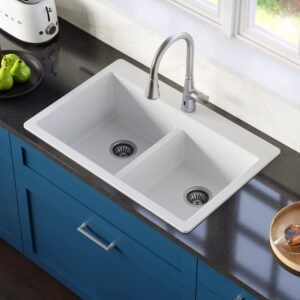 karran qt-810 33" top mount double equal bowl quartz kitchen sink in white