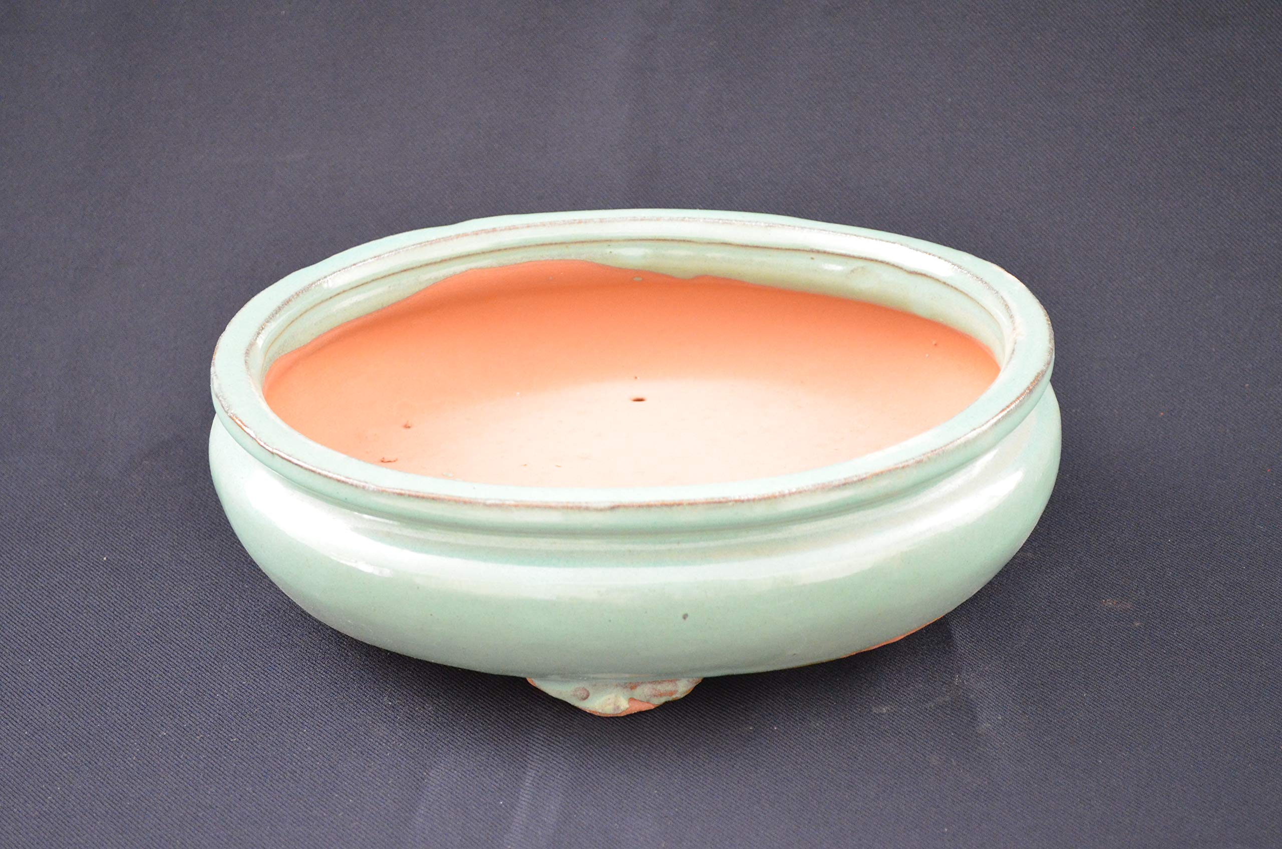 Bonsai Ceramic Pot 10", Green, Oval, Green Color, Glazed with draining Holes.