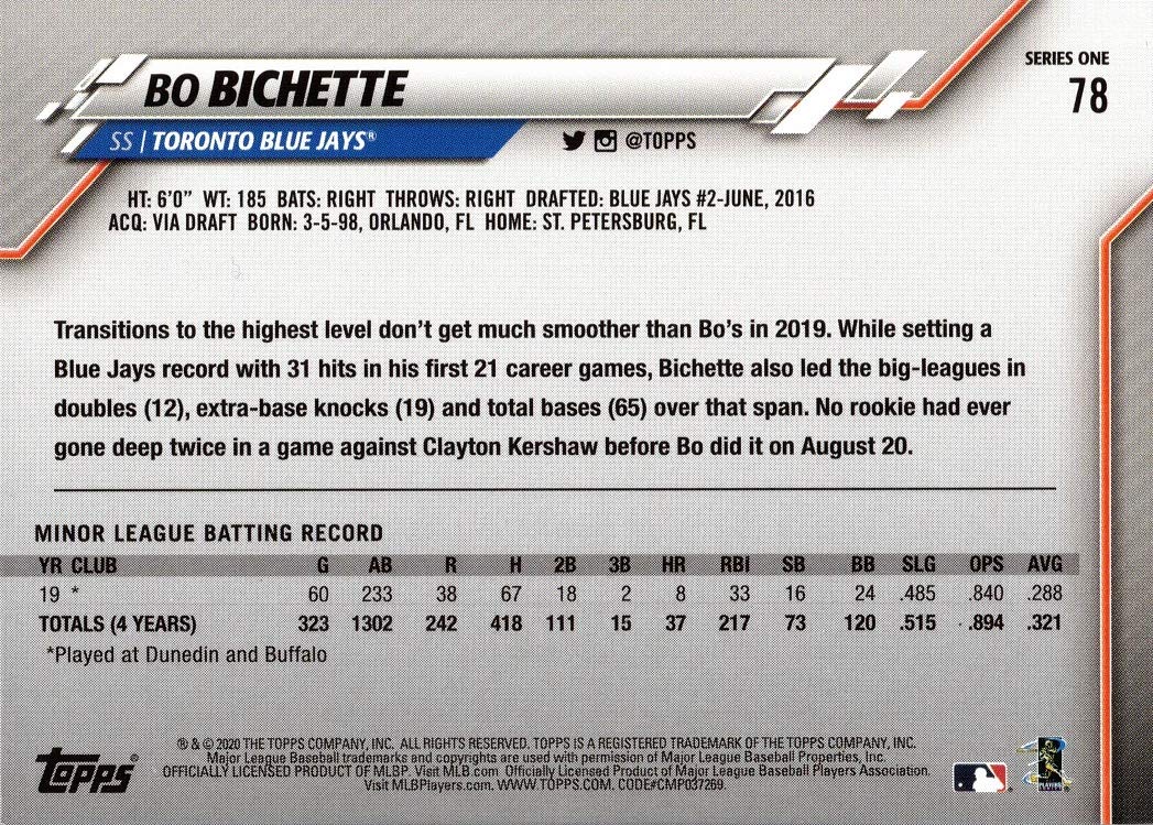 2020 Topps Baseball #78 Bo Bichette Rookie Card - 1st Official Rookie Card