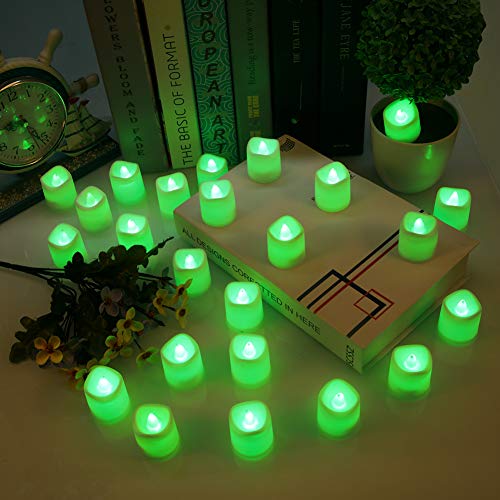 Litake Green LED Candles 24 Packs, Halloween Green LED Tea Lights,Flameless Candles with Flickering Green Light, Battery Operated Green Lights for Saint Patrick's Day Christams Festival Decor