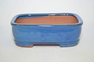 bonsai ceramic pot 7", blue color, rectangle shape, glazed with draining holes.