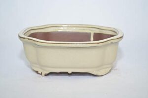 bonsai ceramic pot 7", hexagon shape, beige color, glazed with draining holes.