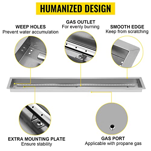 VEVOR Fire Pit Pan 49x8 Inch, Stainless Steel Linear Trough Fire Pit Pan and Burner, Built-in Fire Pit Burner Pan, 90K BTU