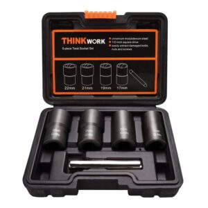 THINKWORK Lug Nut Remover, 5 Pieces Wheel Lock Removal Kit for Removing Stripped, Damaged, Frozen, Rusted, Rounded-Off Bolts, Nuts & Screws