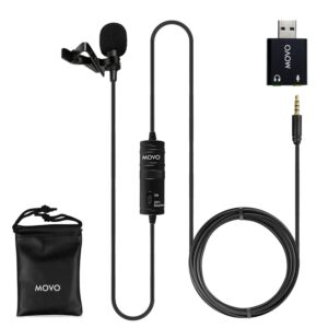 movo lv1-usb lavalier microphone for computer, lapel microphone for iphone and android smartphones, lav mic, clip on microphone for 3.5mm, usb, laptop, desktop, pc, mac, cameras, podcasting, youtube