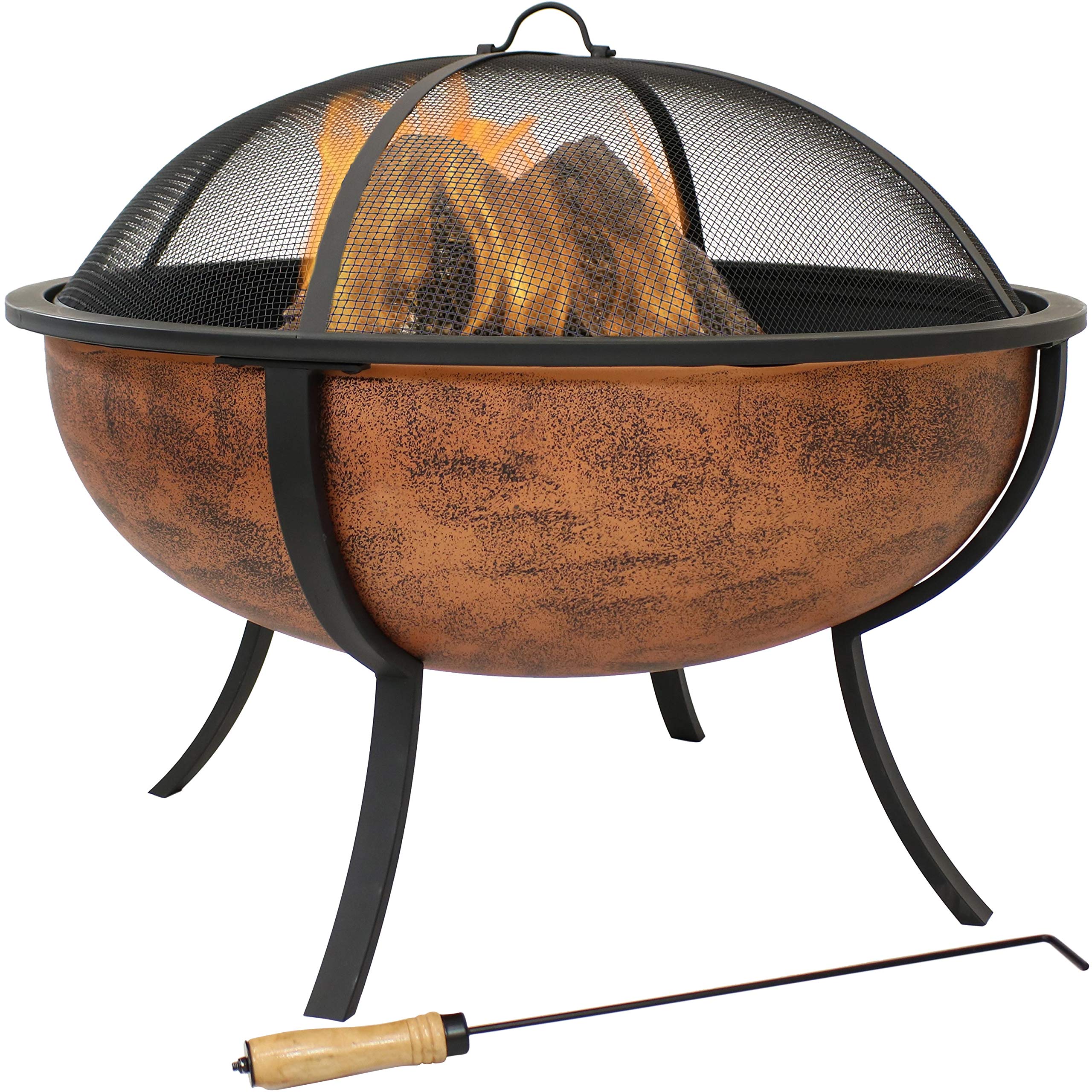 Sunnydaze 32-Inch Steel Fire Pit Bowl - Includes Spark Screen, Wood Grate, and Poker - High-Temperature Copper Finish