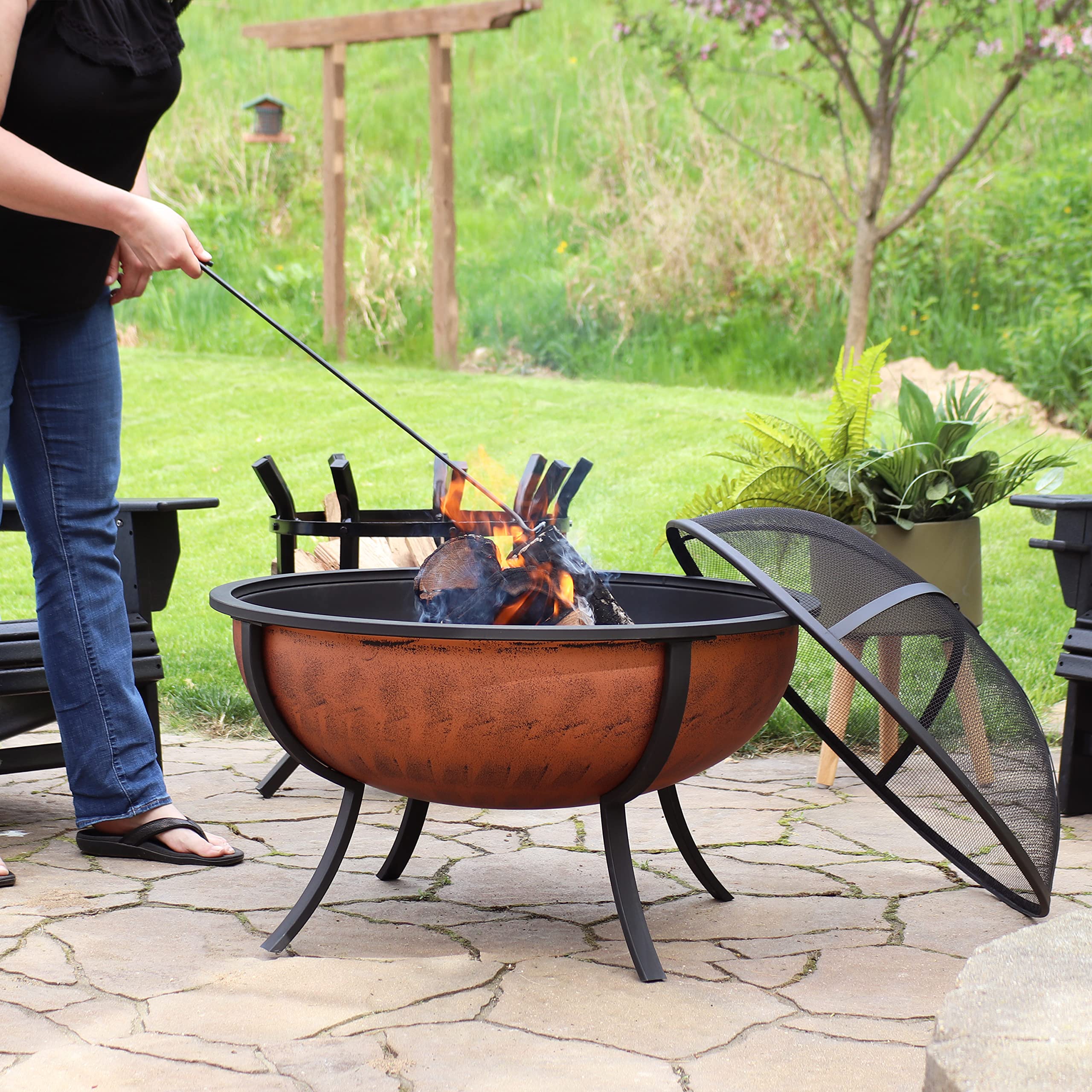 Sunnydaze 32-Inch Steel Fire Pit Bowl - Includes Spark Screen, Wood Grate, and Poker - High-Temperature Copper Finish