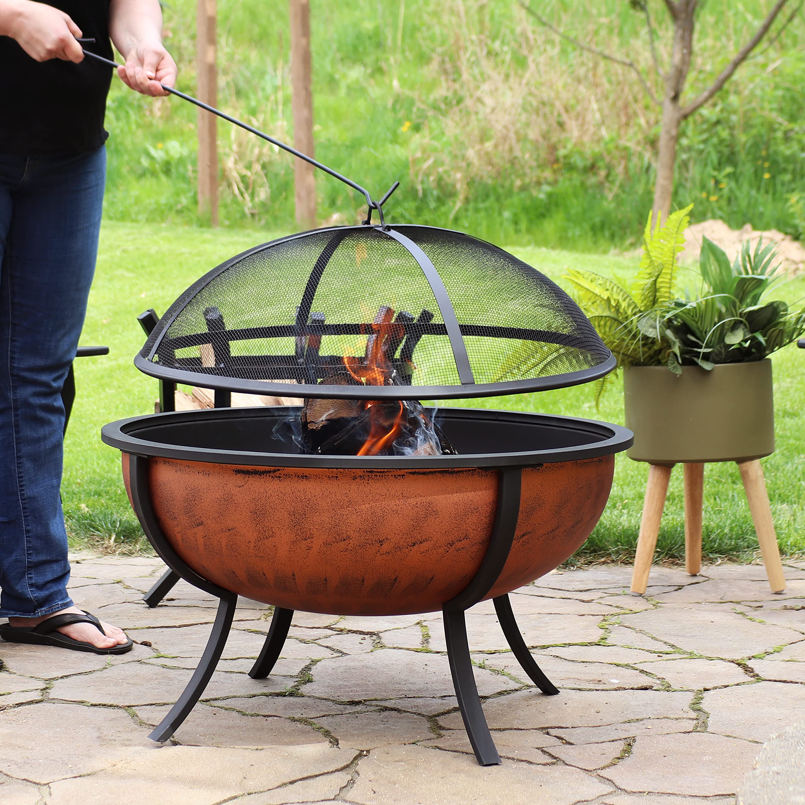 Sunnydaze 32-Inch Steel Fire Pit Bowl - Includes Spark Screen, Wood Grate, and Poker - High-Temperature Copper Finish