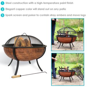 Sunnydaze 32-Inch Steel Fire Pit Bowl - Includes Spark Screen, Wood Grate, and Poker - High-Temperature Copper Finish