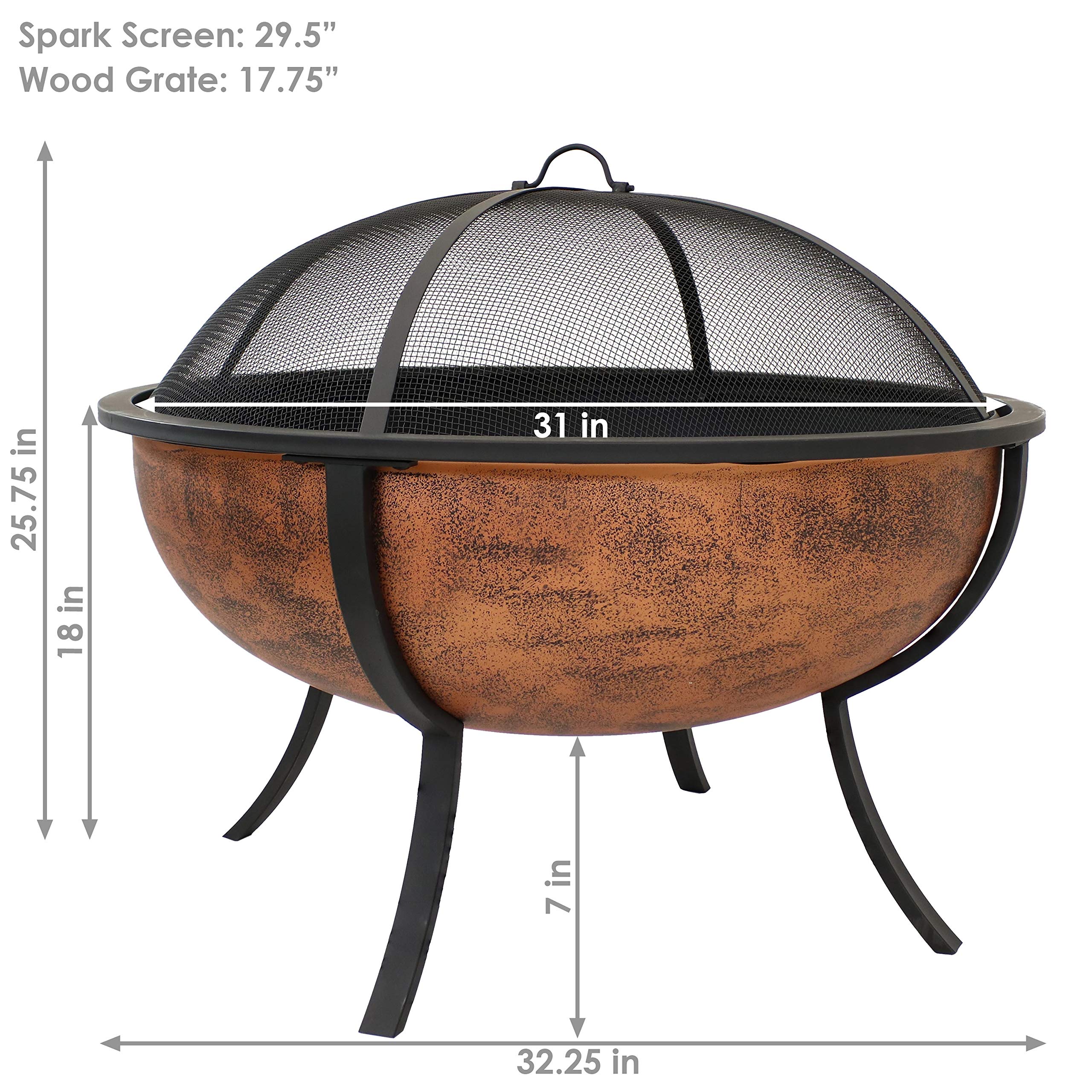 Sunnydaze 32-Inch Steel Fire Pit Bowl - Includes Spark Screen, Wood Grate, and Poker - High-Temperature Copper Finish