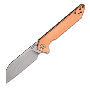 cjrb rampart folding pocket knife with clip, liner lock, 3.5 inch drop point blade, copper handle