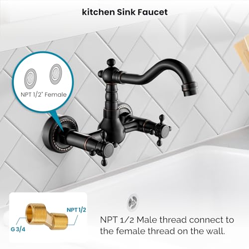 gotonovo 6 Inch Center Oil Rubbed Bronze Wall Mount Kichen Sink Faucet 2 Double Knobs Handle Vintage Kitchen Bathroom Mixer Tap