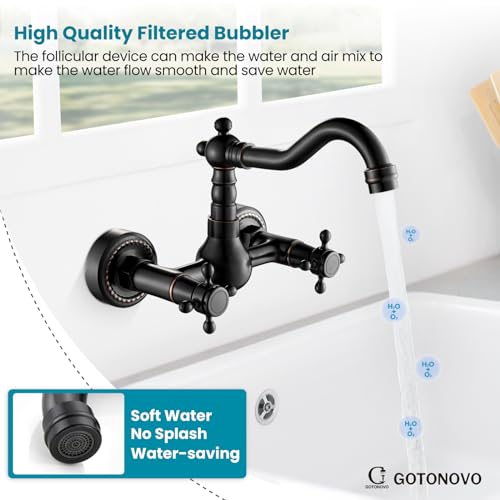 gotonovo 6 Inch Center Oil Rubbed Bronze Wall Mount Kichen Sink Faucet 2 Double Knobs Handle Vintage Kitchen Bathroom Mixer Tap